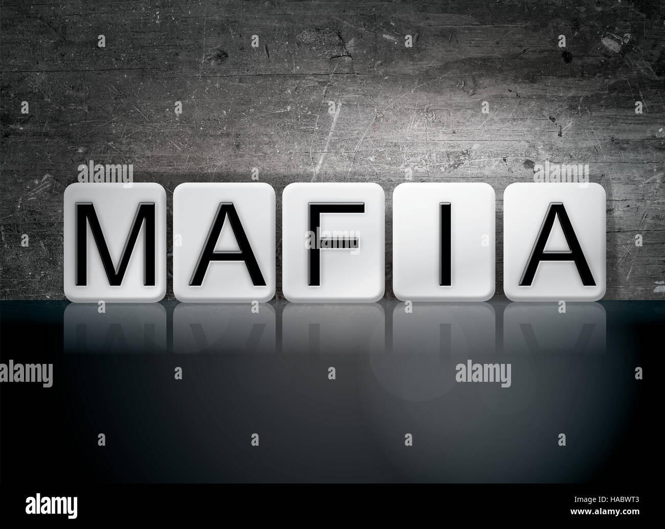 The word "Mafia" written in white tiles against a dark vintage grunge ...
