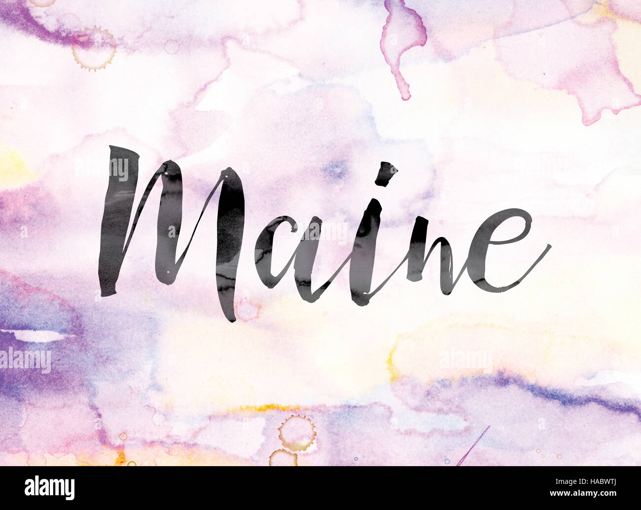 The word "Maine" painted in black ink over a colorful watercolor washed ...