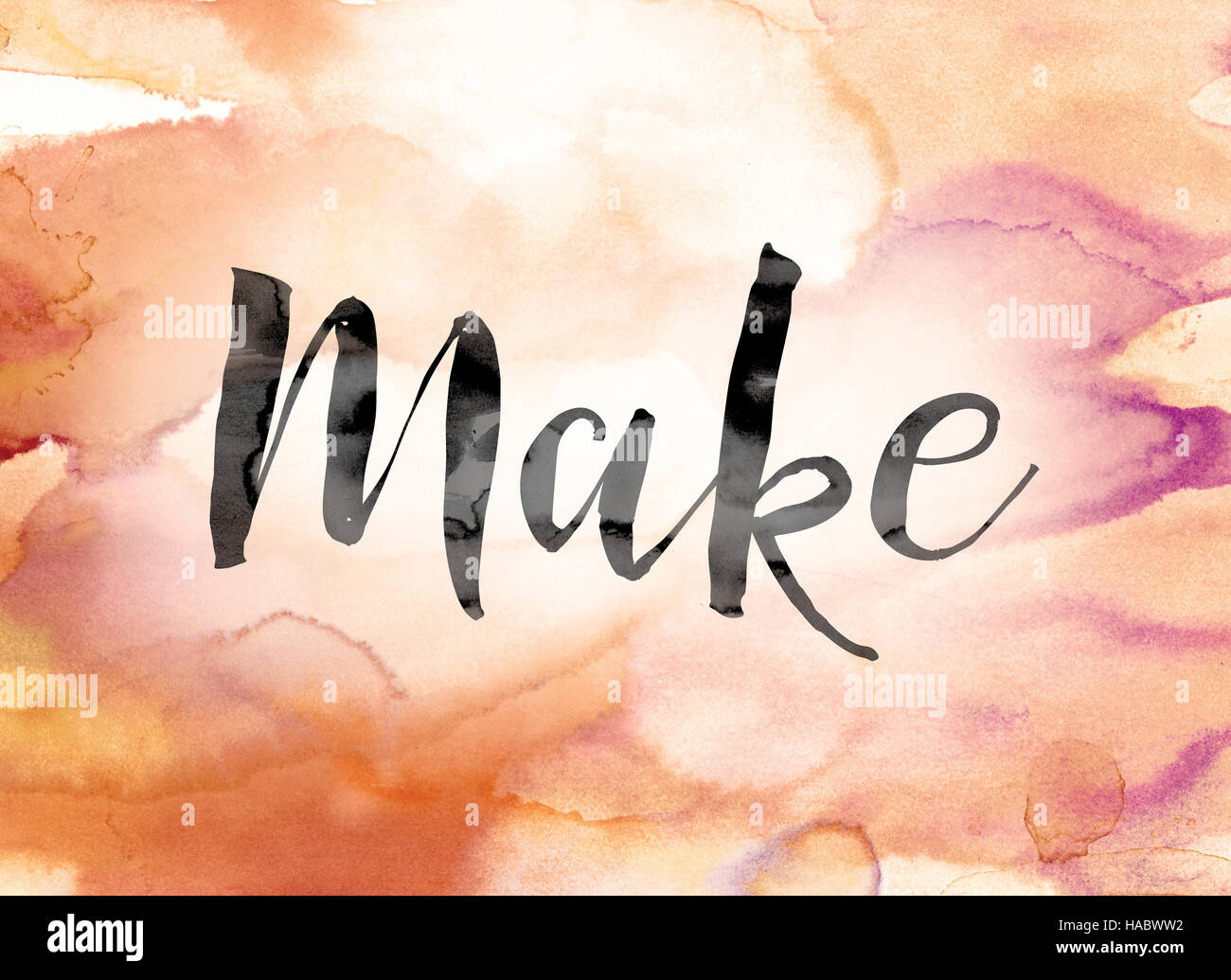The word "Make" painted in black ink over a colorful watercolor washed ...