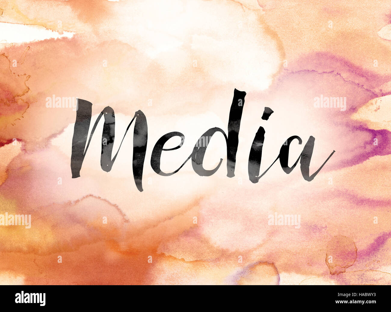 The word "Media" painted in black ink over a colorful watercolor washed ...