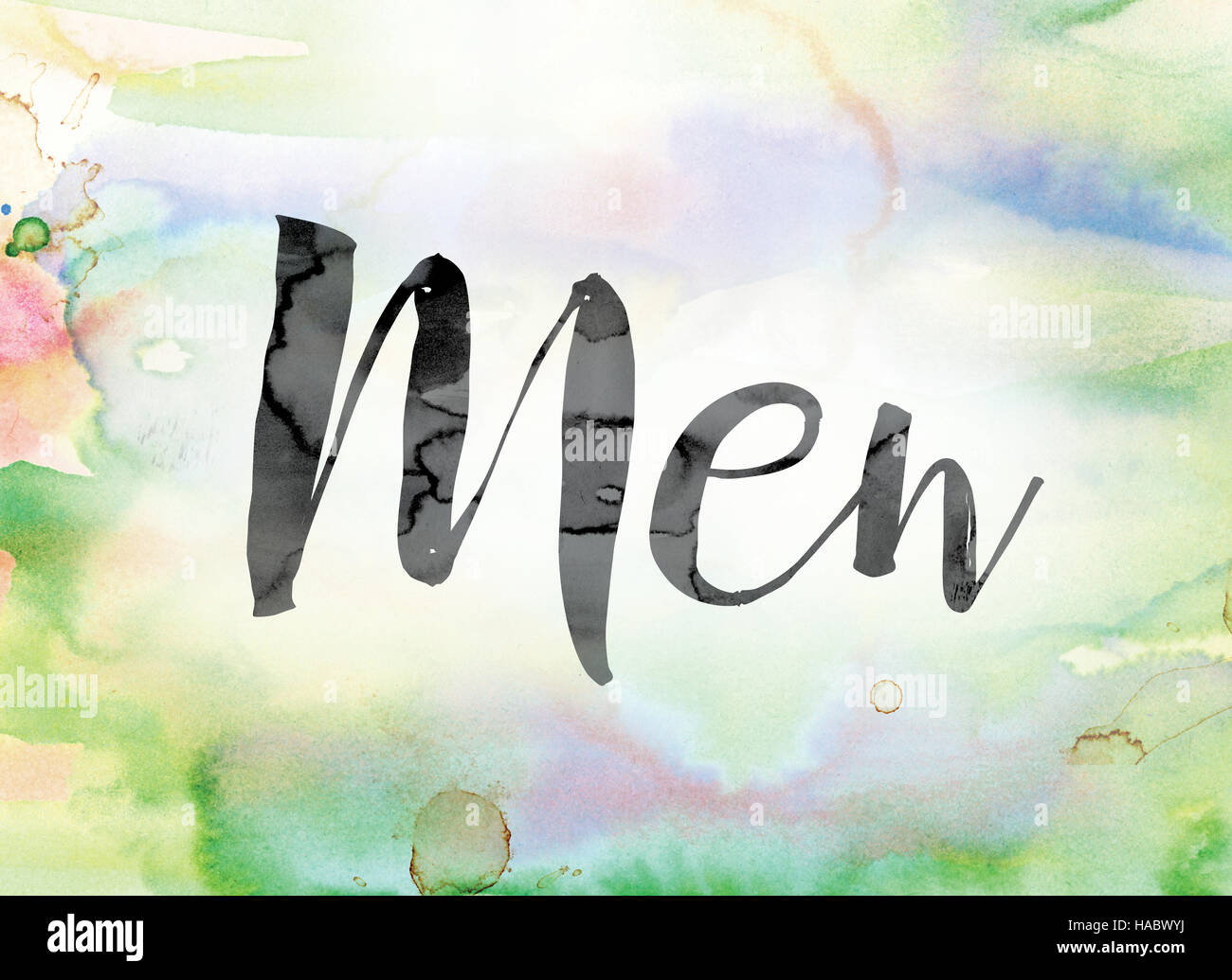 The word "Men" painted in black ink over a colorful watercolor washed ...