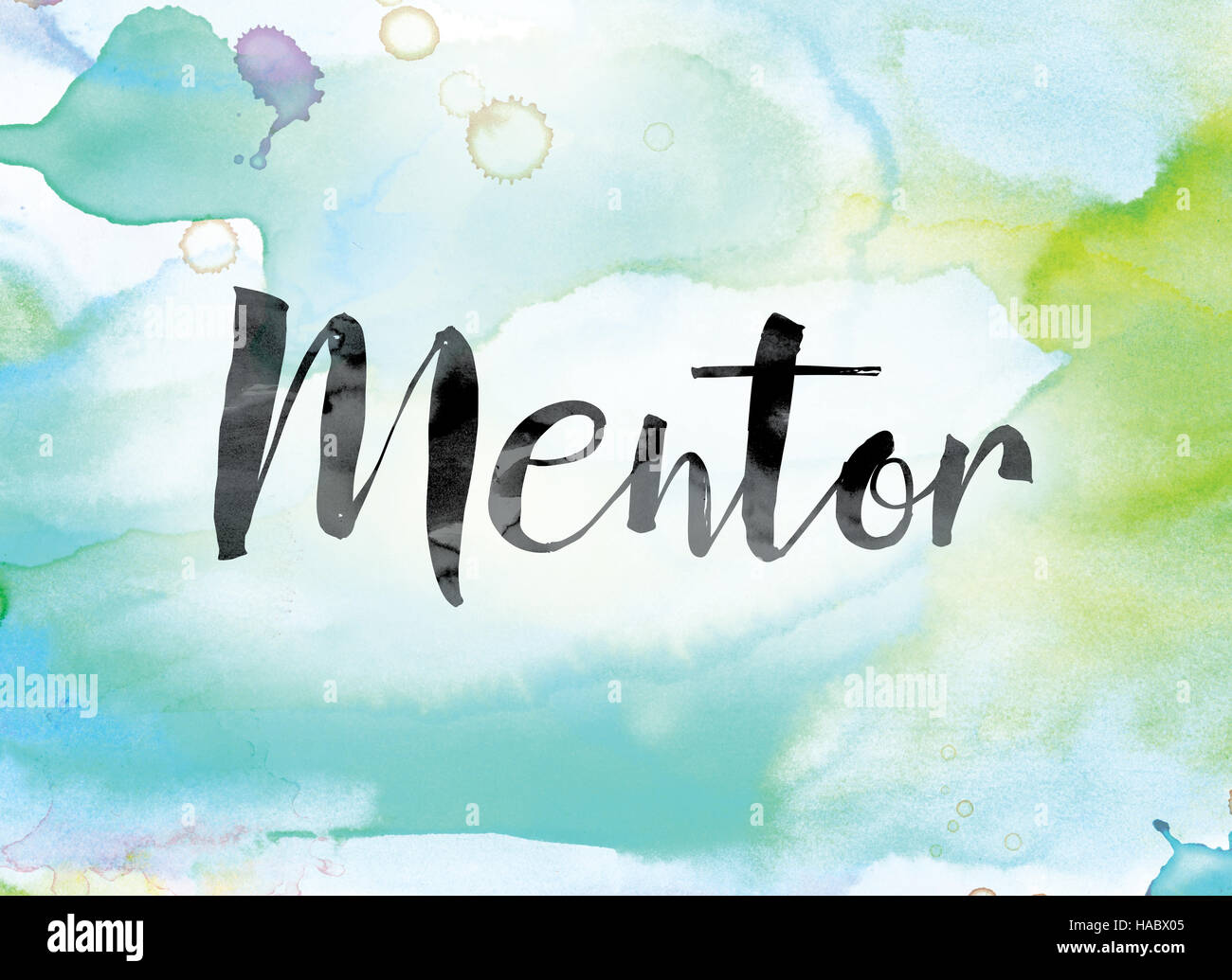 The word "Mentor" painted in black ink over a colorful watercolor ...