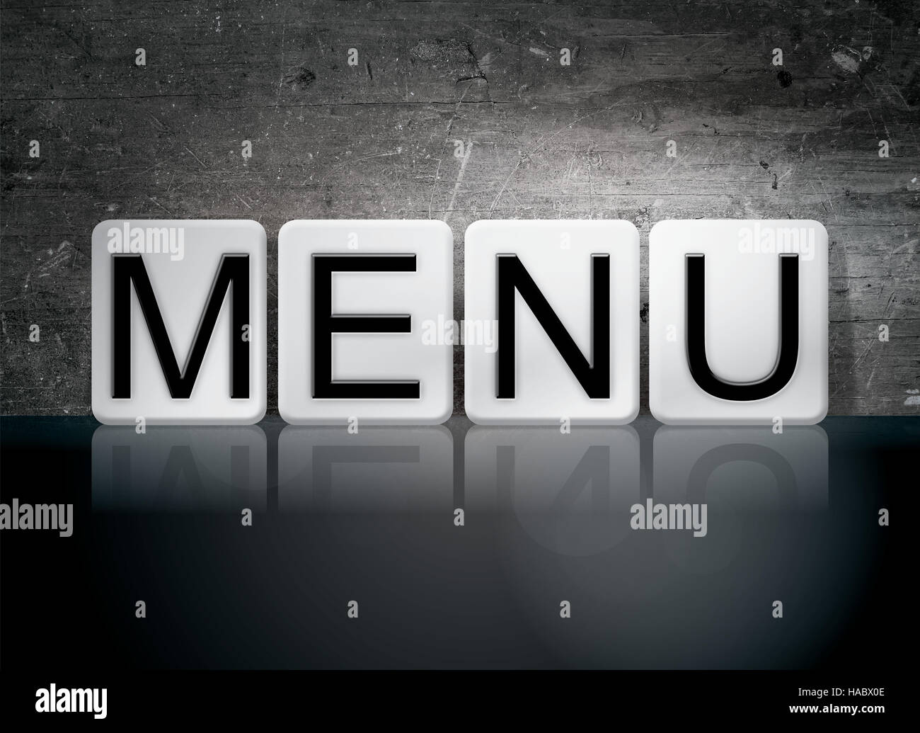 The word "Menu" written in white tiles against a dark vintage grunge ...