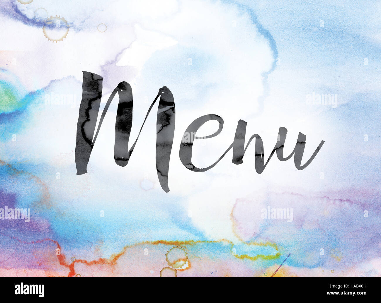 The word "Menu" painted in black ink over a colorful watercolor washed ...
