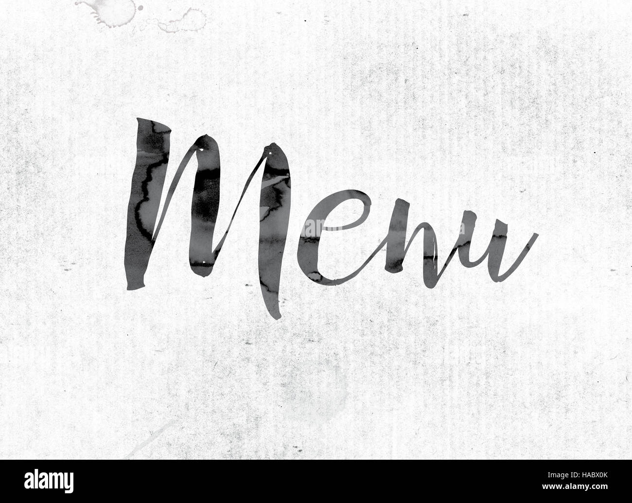 The word "Menu" concept and theme painted in watercolor ink on a white ...
