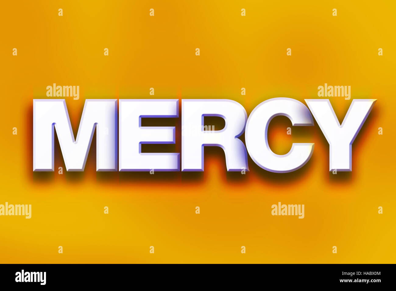 The word "Mercy" written in white 3D letters on a colorful background ...