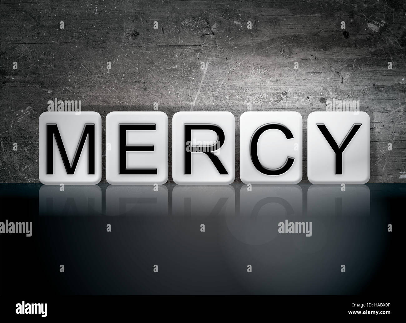 The word "Mercy" written in white tiles against a dark vintage grunge ...