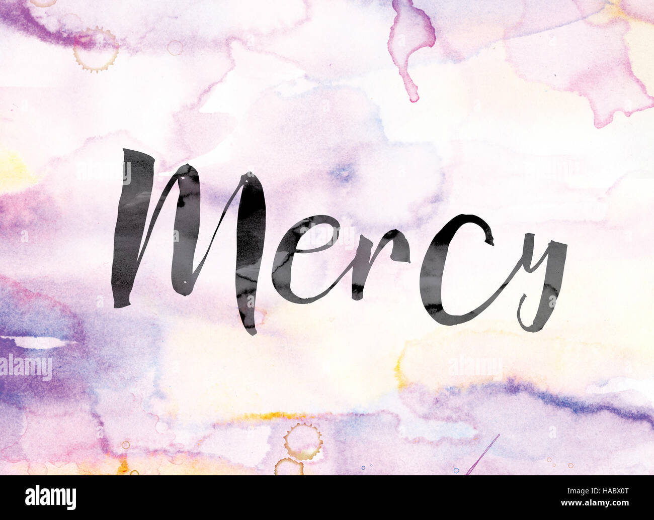 The word "Mercy" painted in black ink over a colorful watercolor washed ...