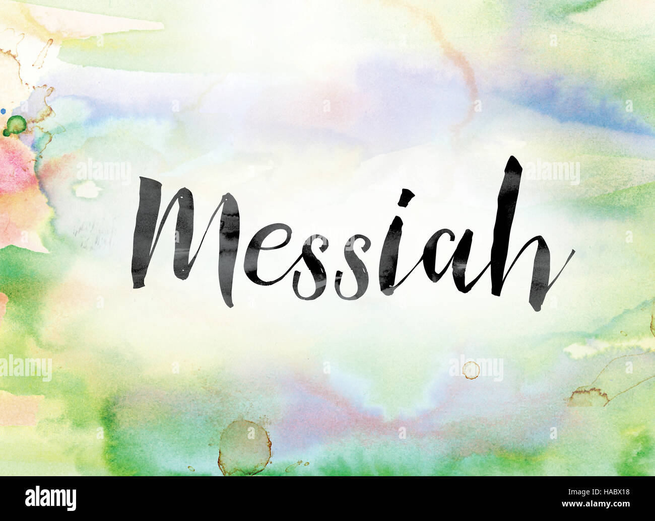 The word "Messiah" painted in black ink over a colorful watercolor ...