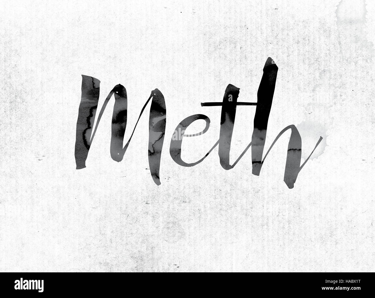 The word "Meth" concept and theme painted in watercolor ink on a white ...