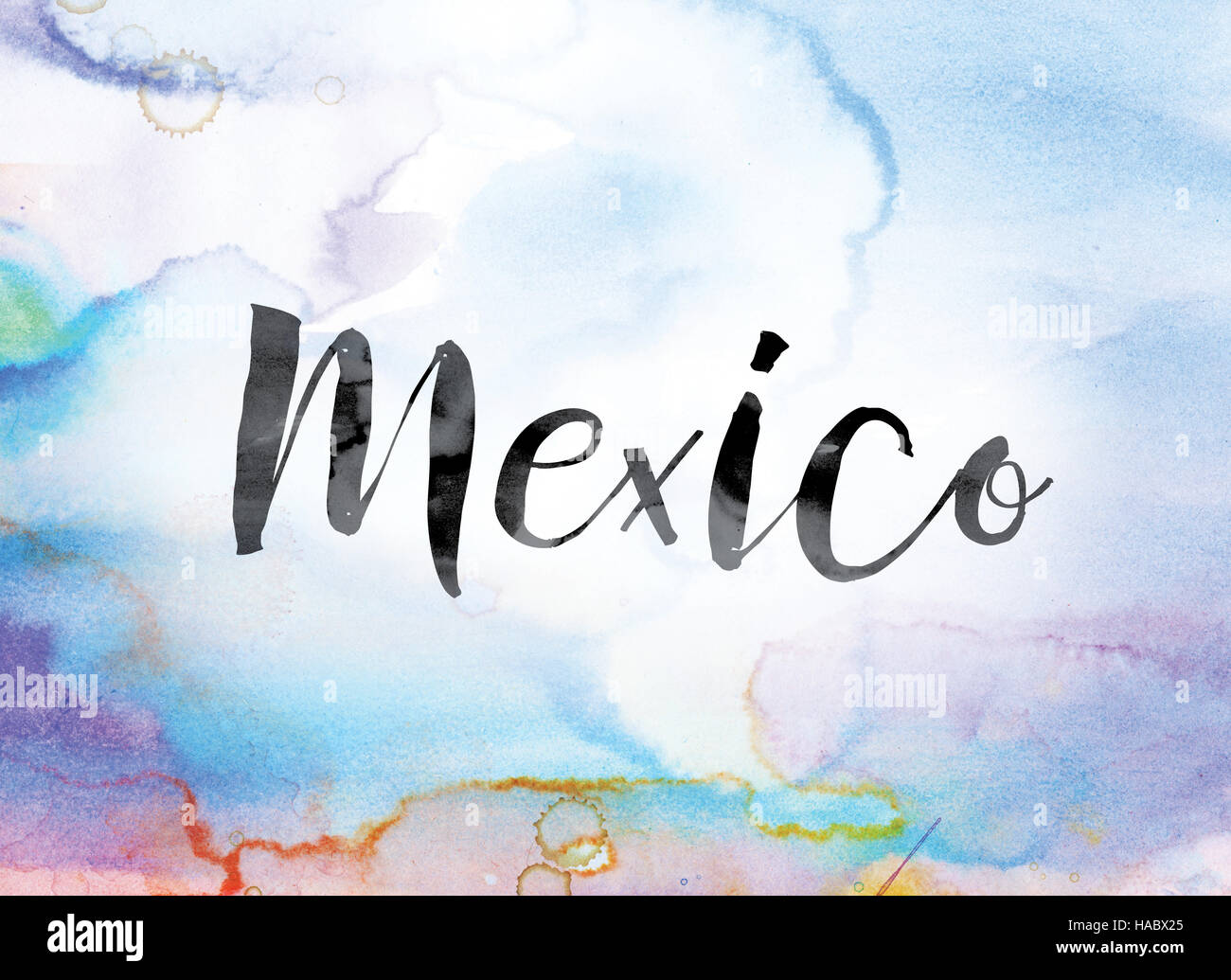 The word "Mexico" painted in black ink over a colorful watercolor ...