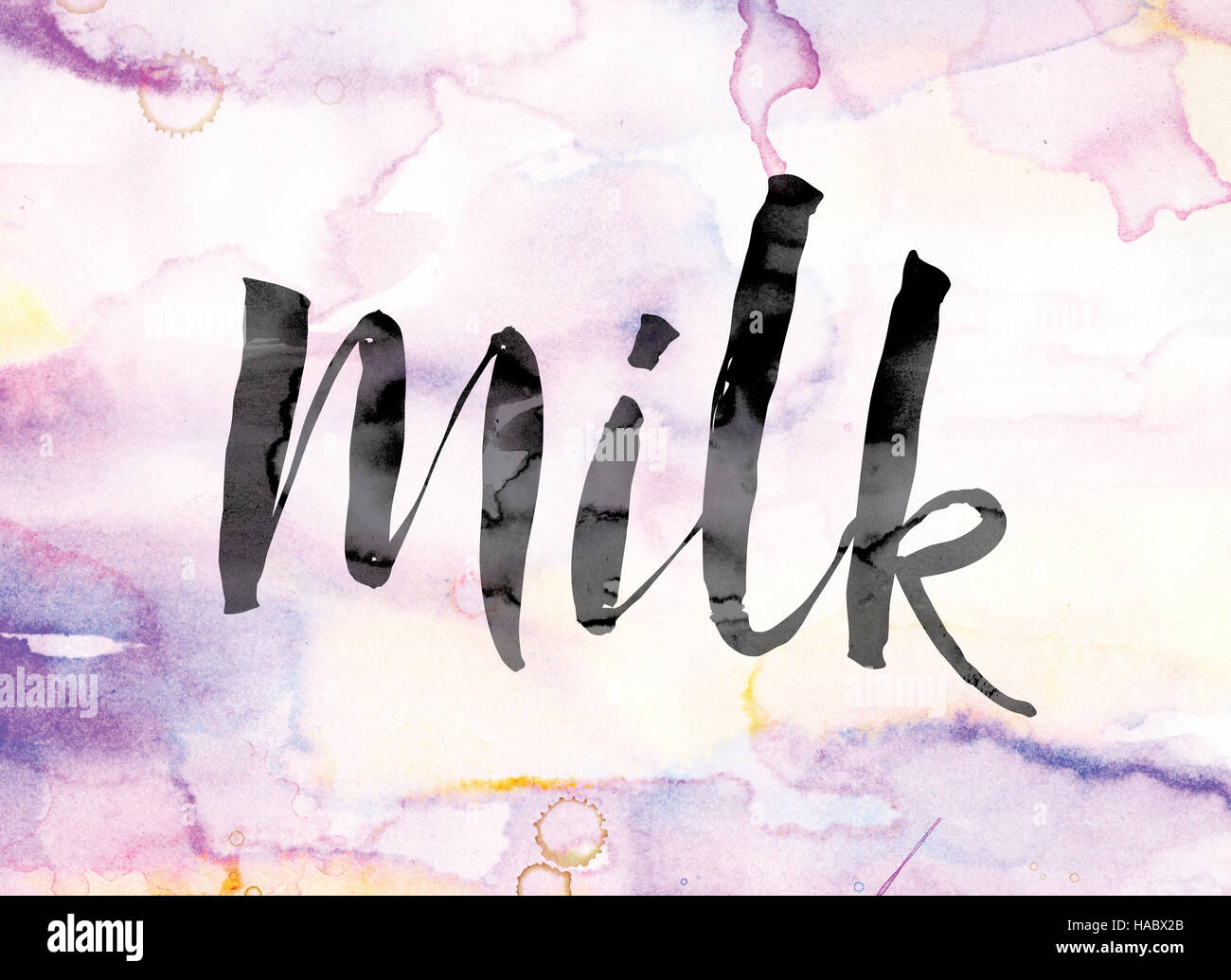 The word "Milk" painted in black ink over a colorful watercolor washed ...