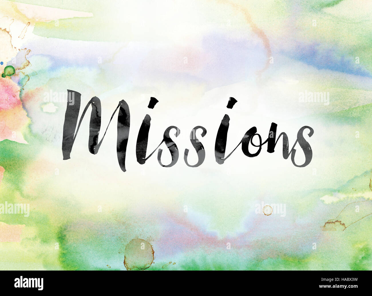 The word "Missions" painted in black ink over a colorful watercolor ...