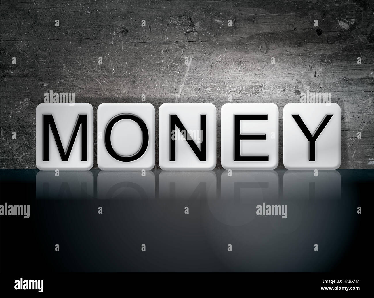 The word "Money" written in white tiles against a dark vintage grunge ...