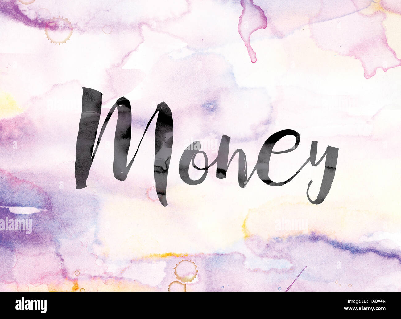 The word "Money" painted in black ink over a colorful watercolor washed ...