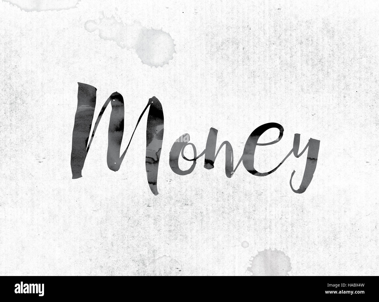 The word "Money" concept and theme painted in watercolor ink on a white ...