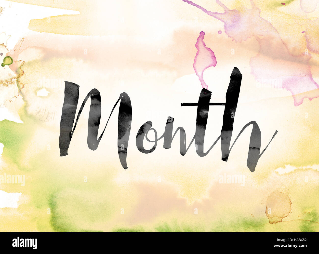 The word "Month" painted in black ink over a colorful watercolor washed ...