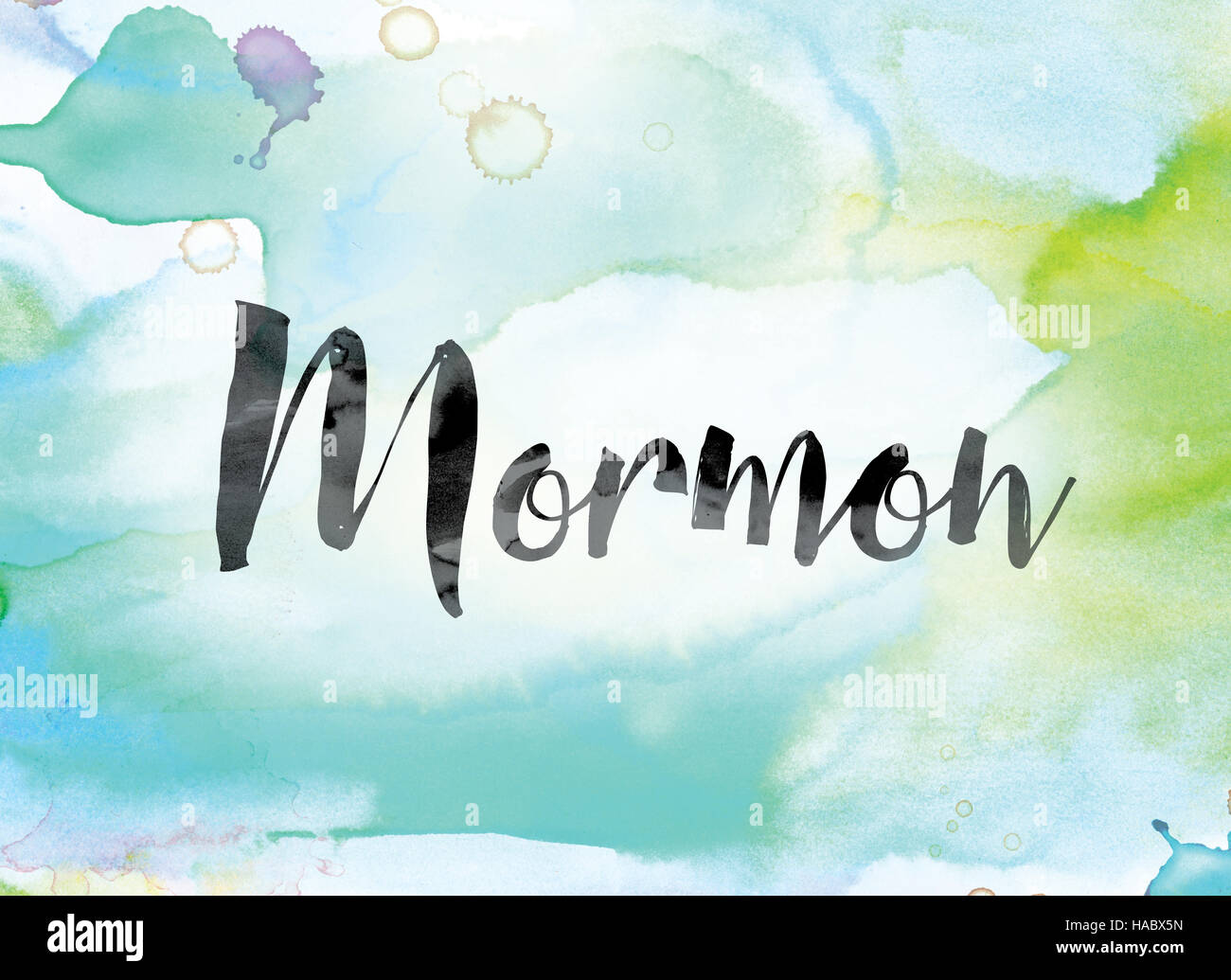 The word "Mormon" painted in black ink over a colorful watercolor ...