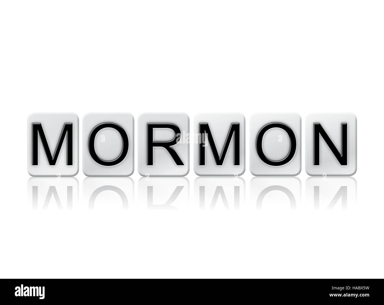 The word "Mormon" written in tile letters isolated on a white ...
