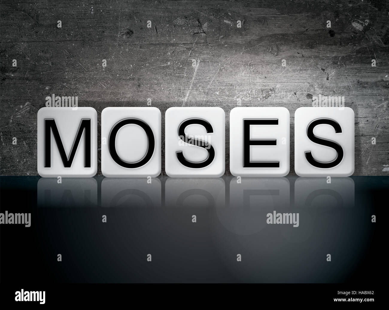 The word "Moses" written in white tiles against a dark vintage grunge ...