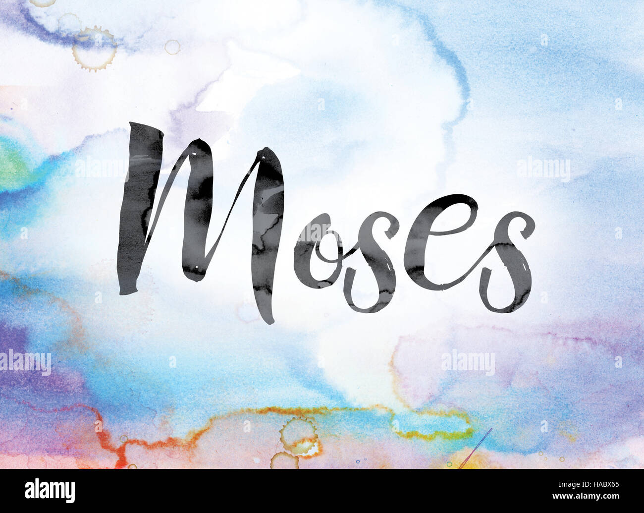 The word "Moses" painted in black ink over a colorful watercolor washed ...