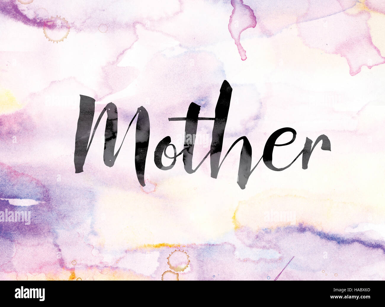 The word "Mother" painted in black ink over a colorful watercolor ...
