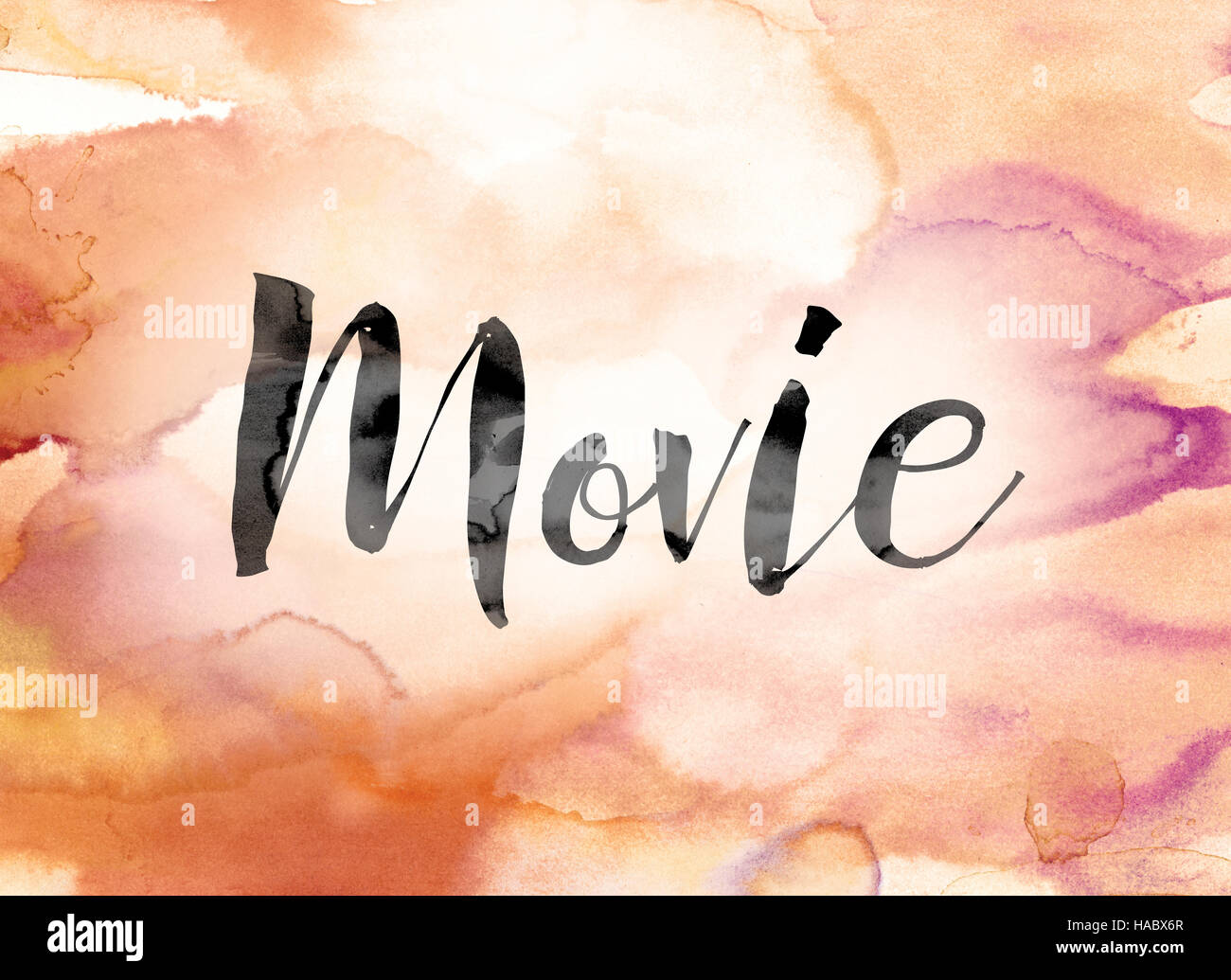 The word "Movie" painted in black ink over a colorful watercolor washed ...