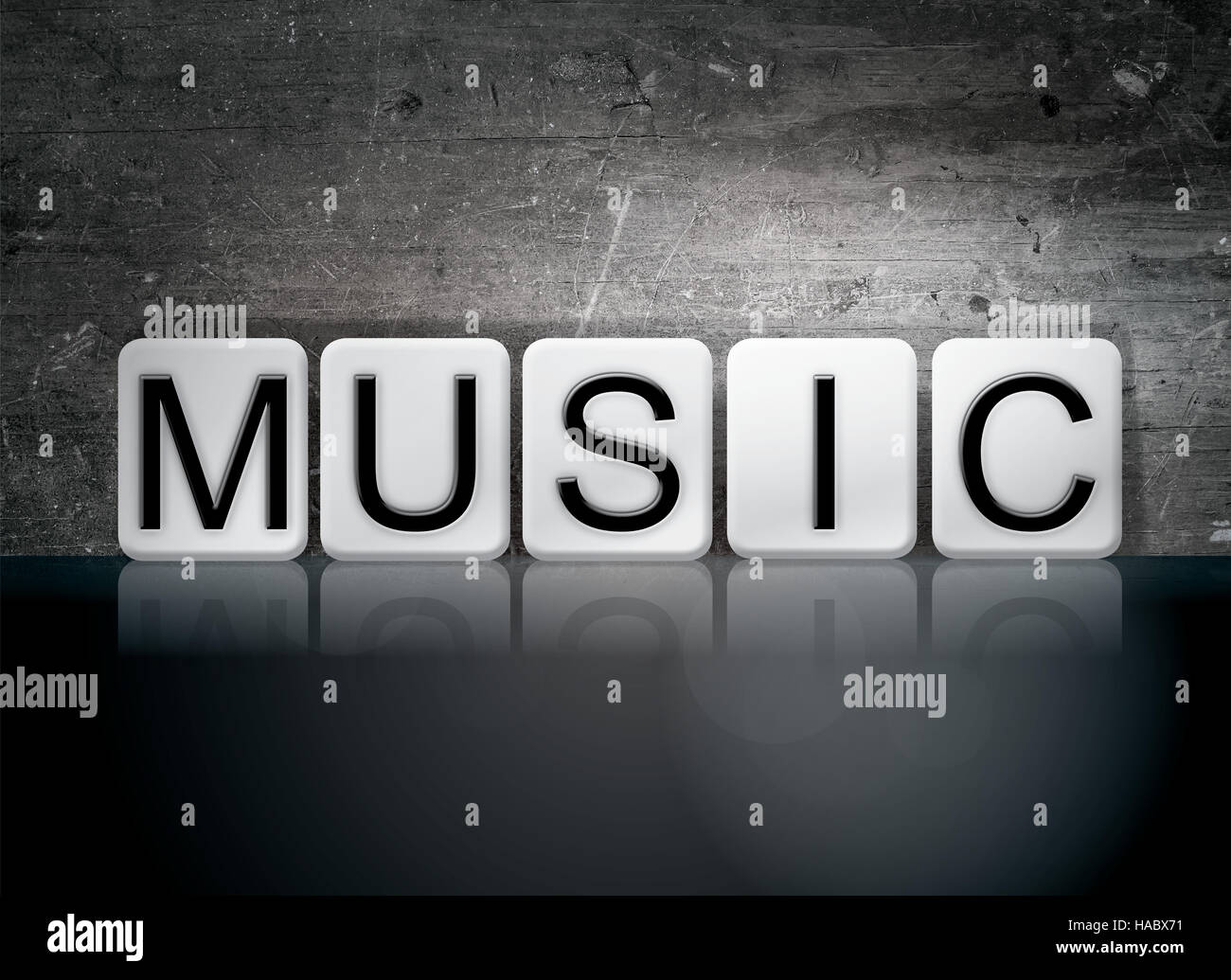 The word "Music" written in white tiles against a dark vintage grunge ...
