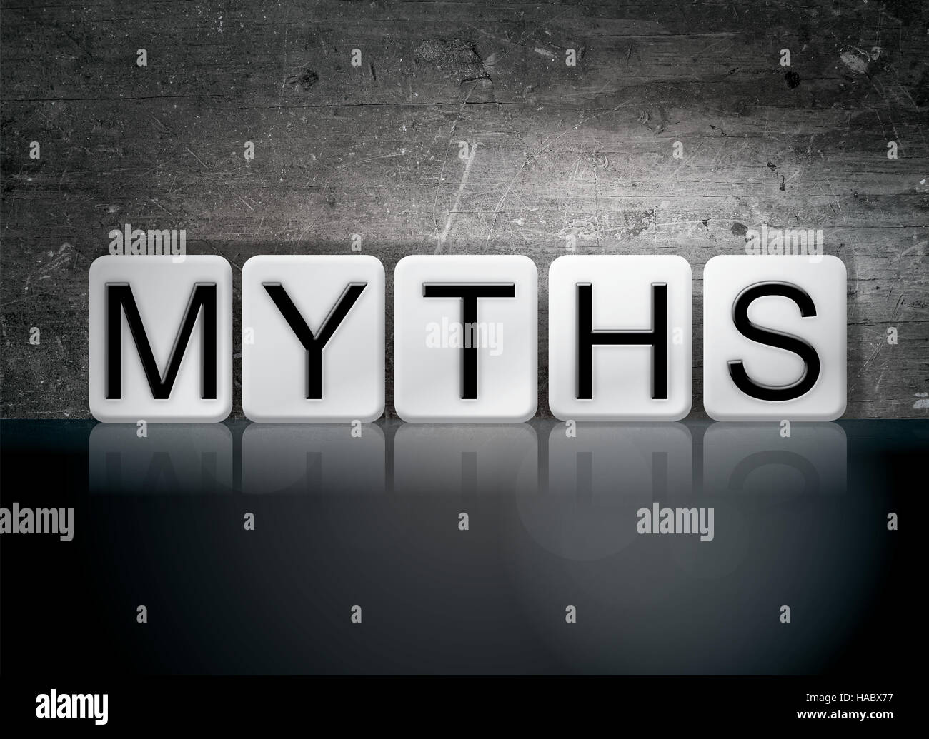 The word "Myths" written in white tiles against a dark vintage grunge ...