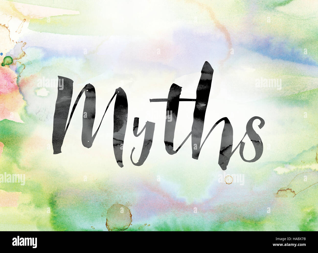 The word "Myths" painted in black ink over a colorful watercolor washed ...