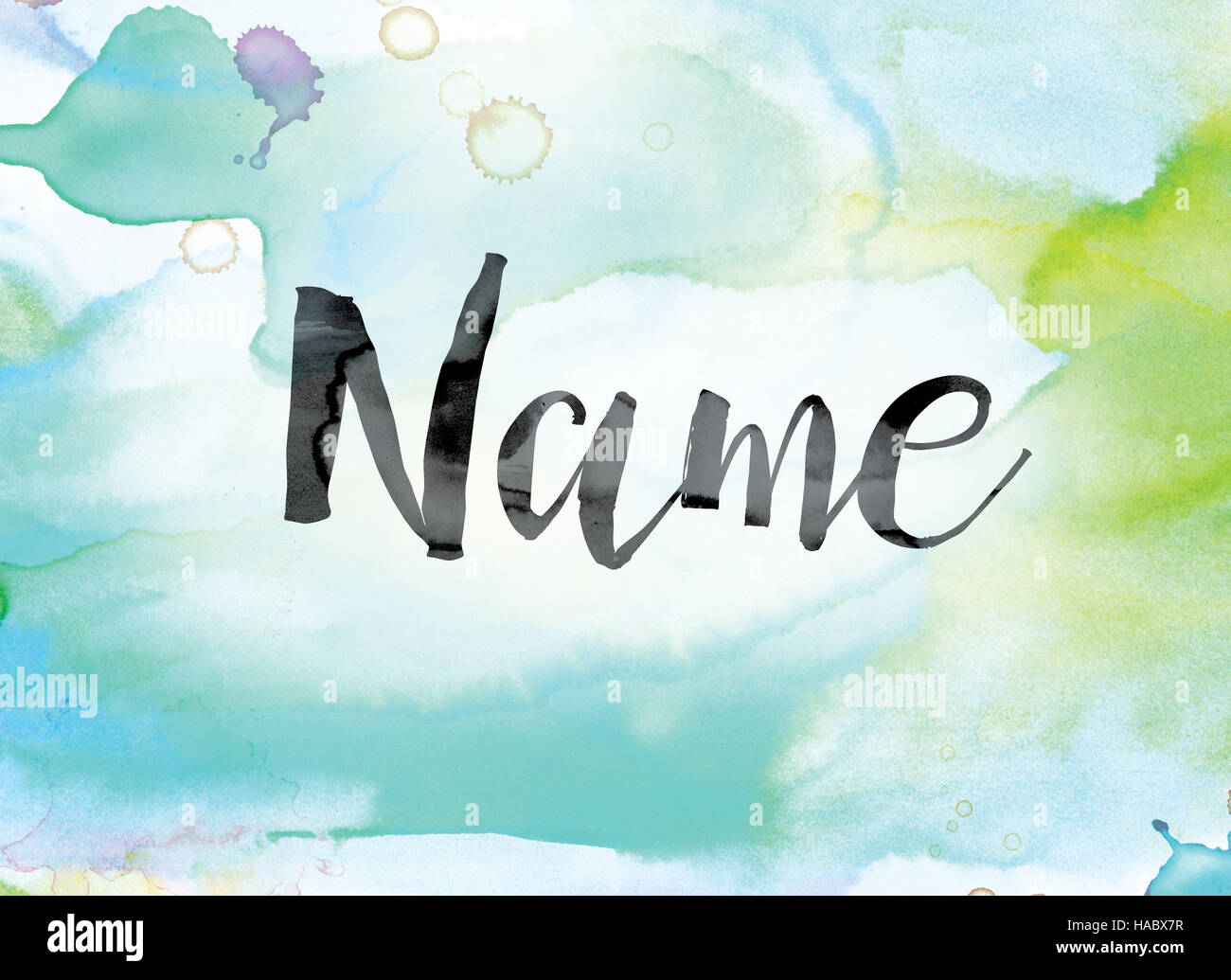 The word "Name" painted in black ink over a colorful watercolor washed ...