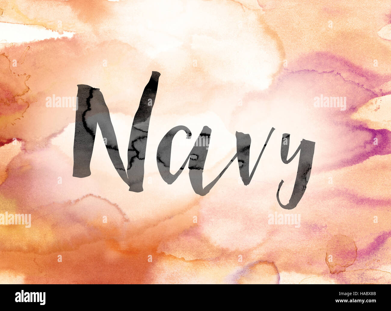 The word "Navy" painted in black ink over a colorful watercolor washed ...