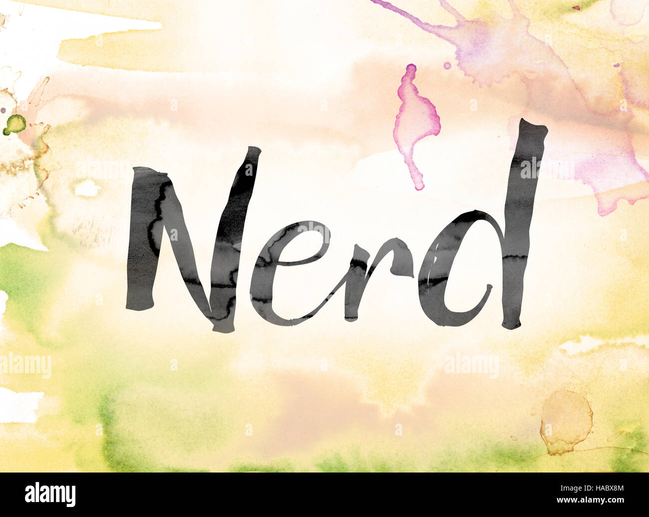 The word "Nerd" painted in black ink over a colorful watercolor washed ...