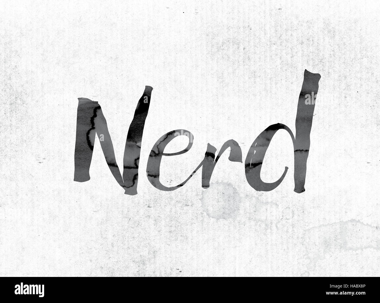 The word "Nerd" concept and theme painted in watercolor ink on a white ...