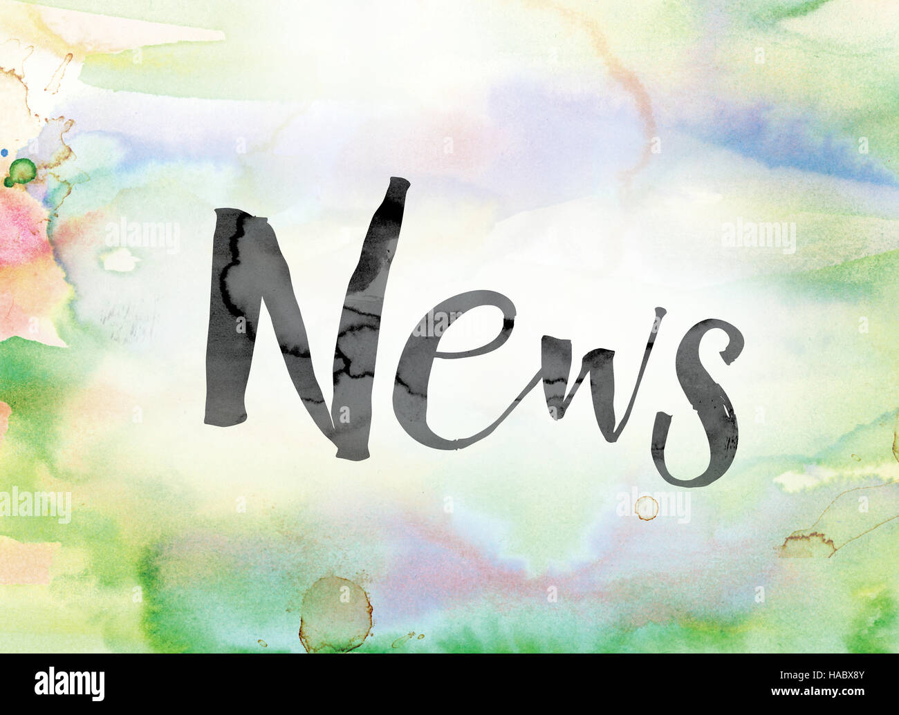 The word "News" painted in black ink over a colorful watercolor washed ...