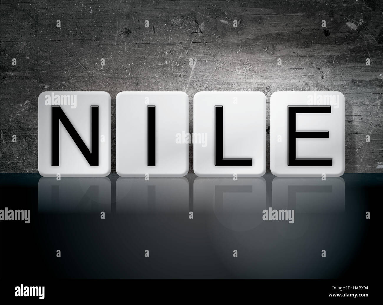 The word "Nile" written in white tiles against a dark vintage grunge ...
