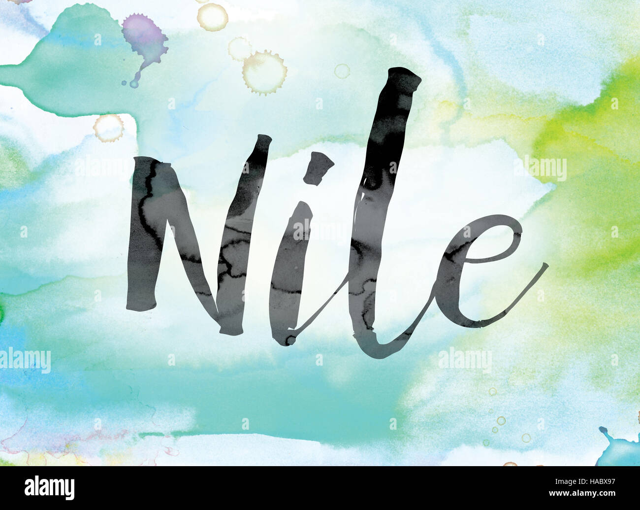 The word "Nile" painted in black ink over a colorful watercolor washed ...