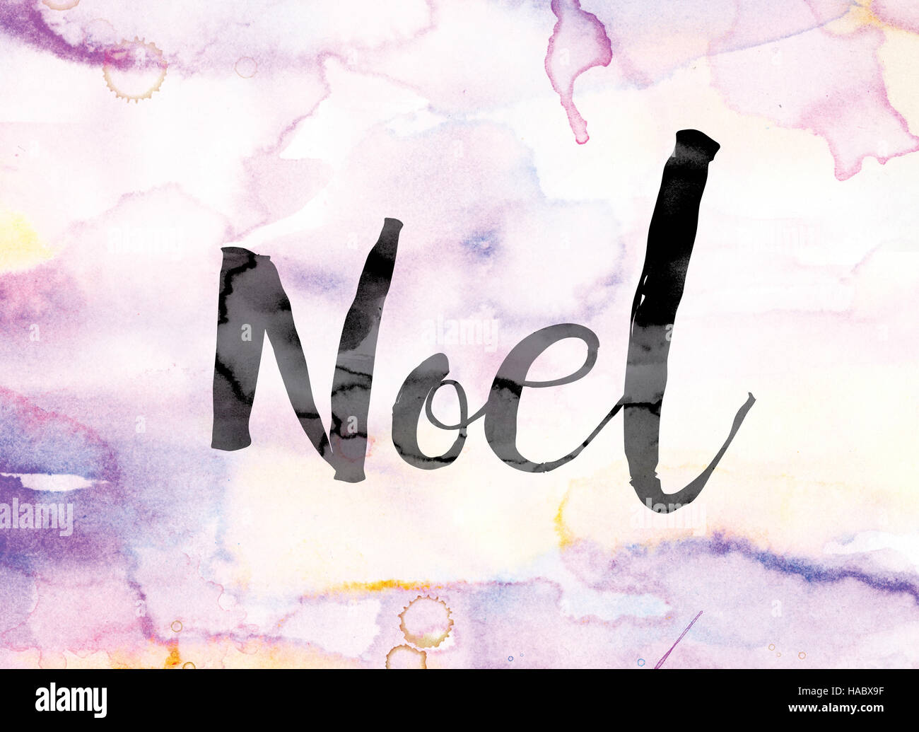 The word "Noel" painted in black ink over a colorful watercolor washed ...