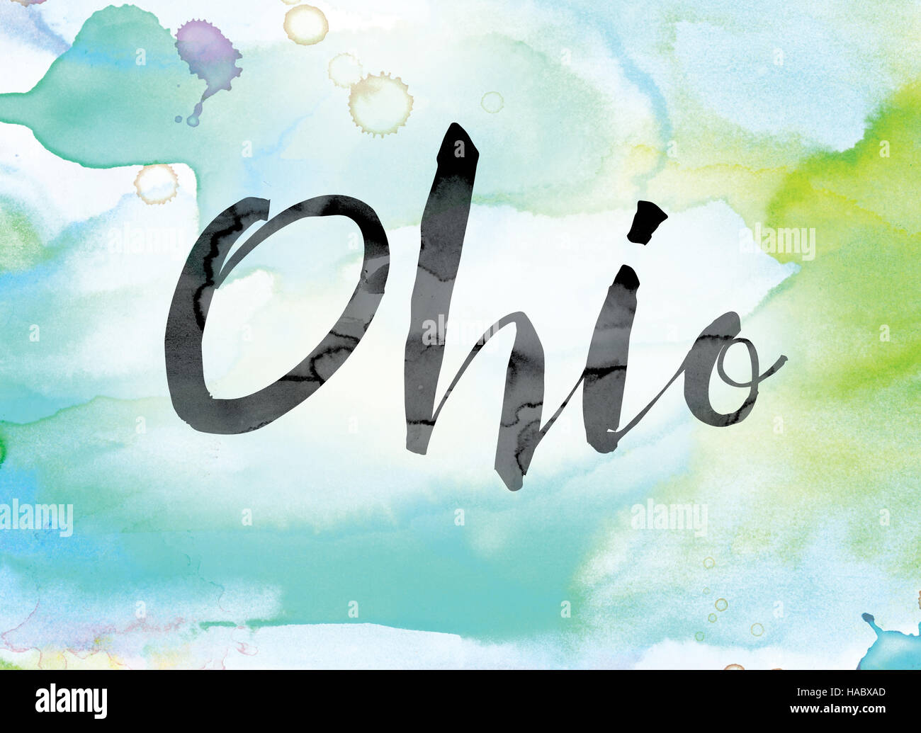 The word "Ohio" painted in black ink over a colorful watercolor washed ...