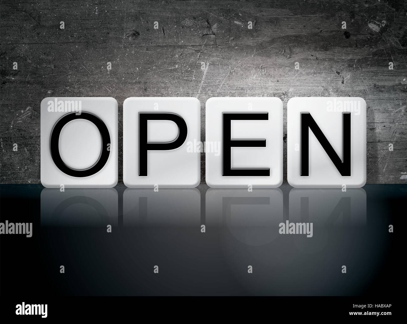 The word "Open" written in white tiles against a dark vintage grunge ...