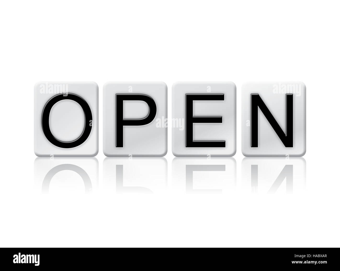 The word "Open" written in tile letters isolated on a white background ...