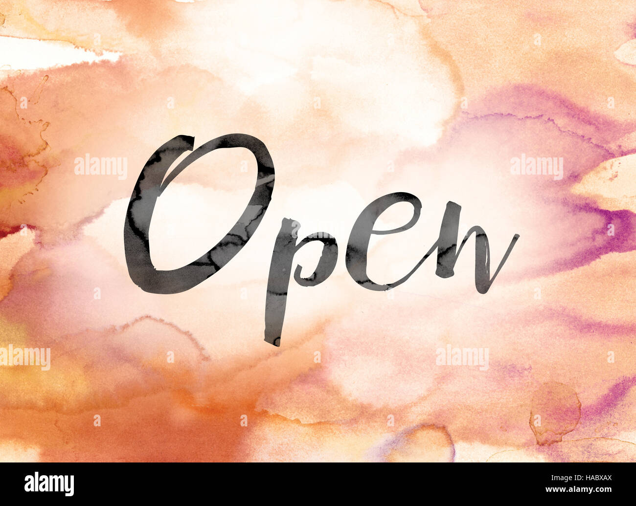 The word "Open" painted in black ink over a colorful watercolor washed ...