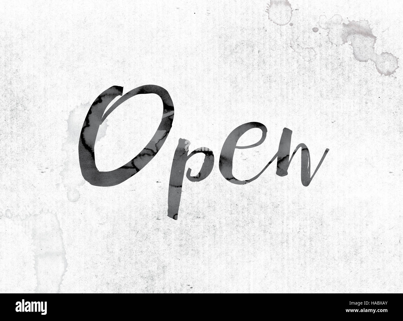 The word "Open" concept and theme painted in watercolor ink on a white ...