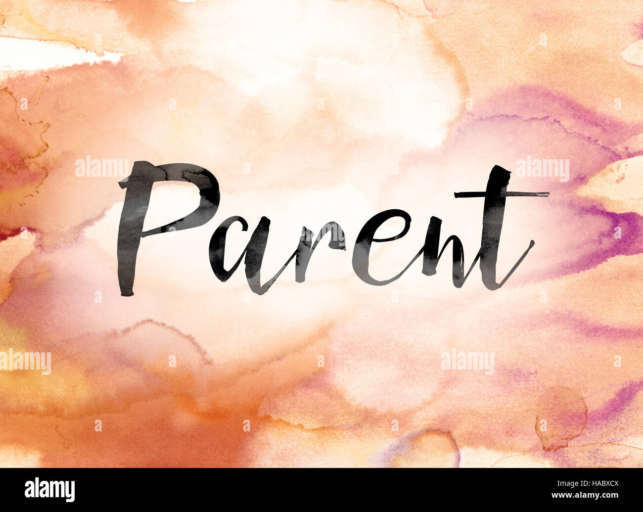 The word "Parent" painted in black ink over a colorful watercolor ...