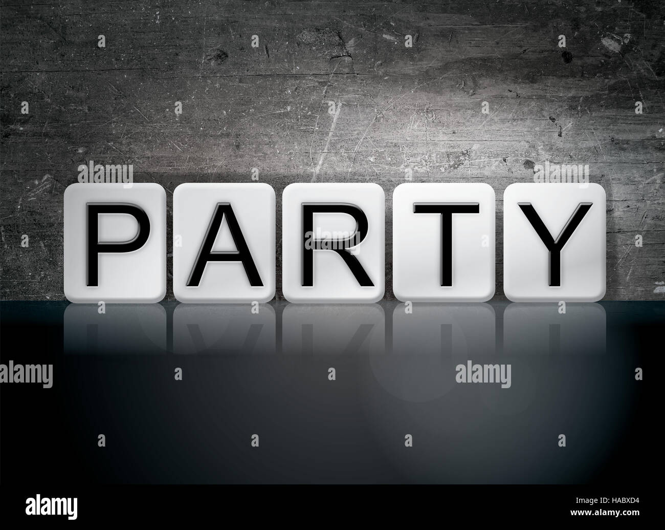 The word "Party" written in white tiles against a dark vintage grunge ...