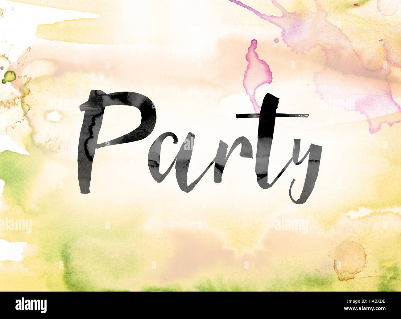 The word "Party" painted in black ink over a colorful watercolor washed ...