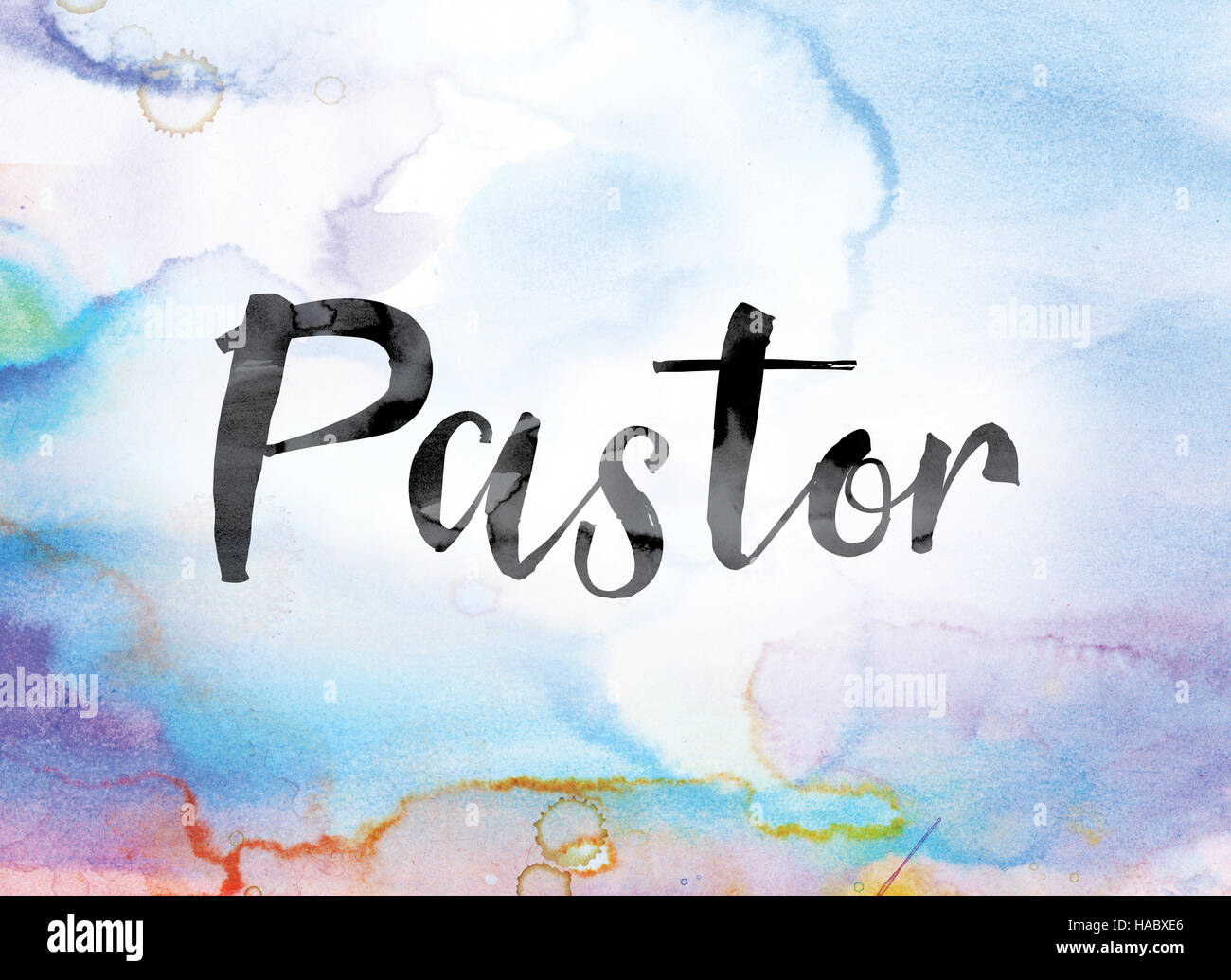 The word "Pastor" painted in black ink over a colorful watercolor ...