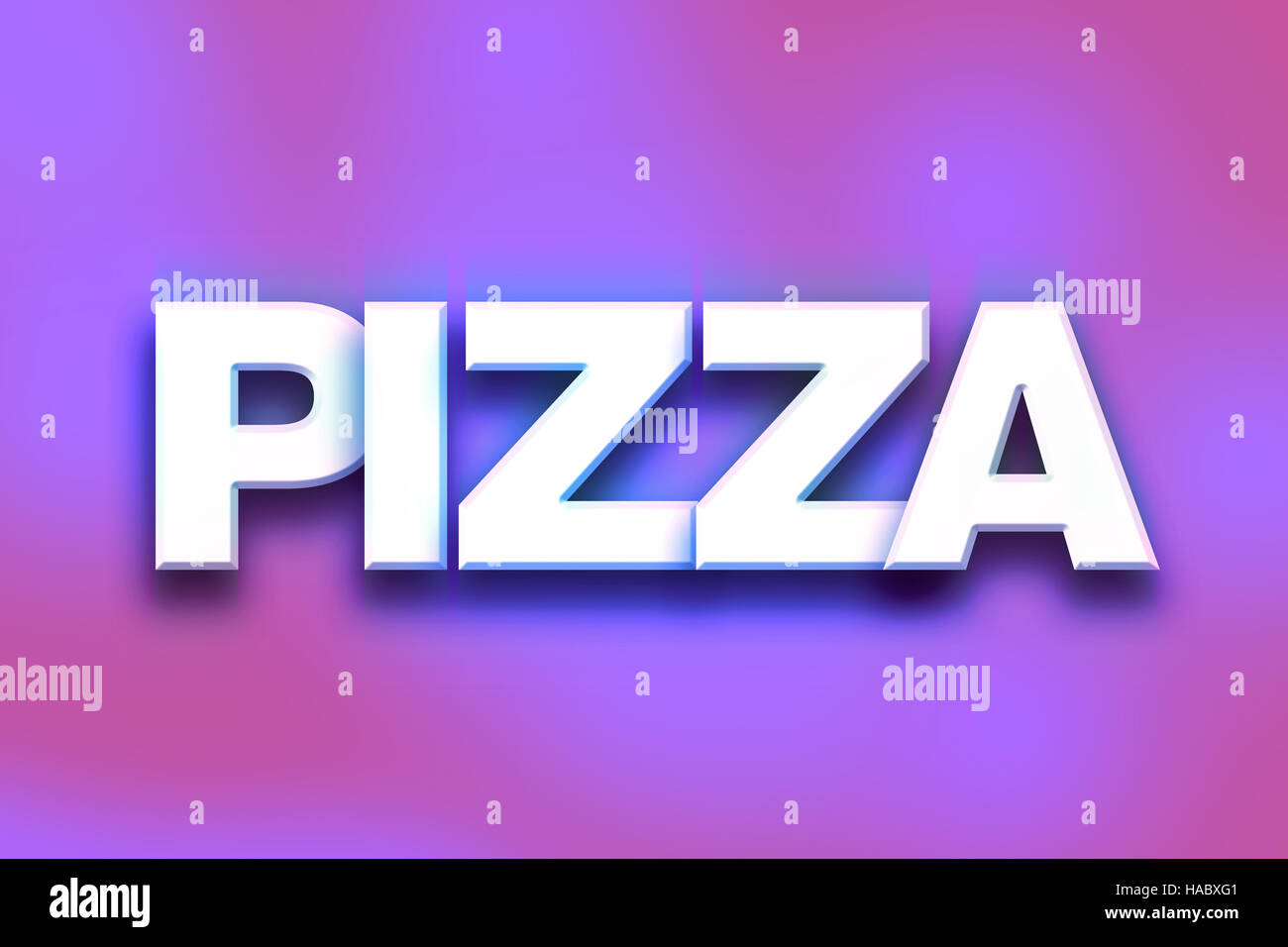 The word "Pizza" written in white 3D letters on a colorful background ...