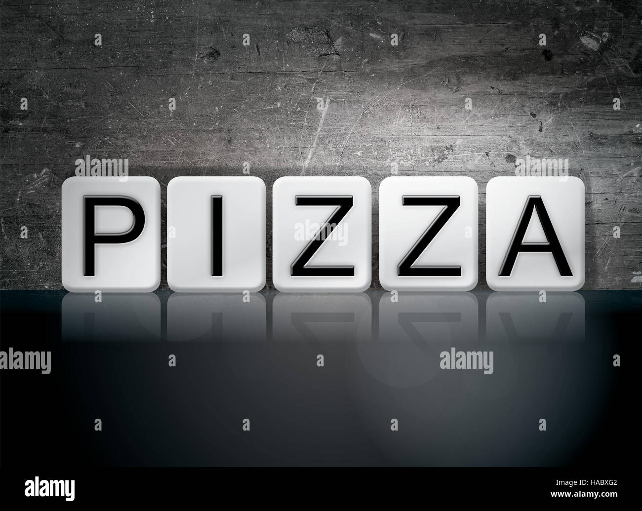 The word "Pizza" written in white tiles against a dark vintage grunge ...