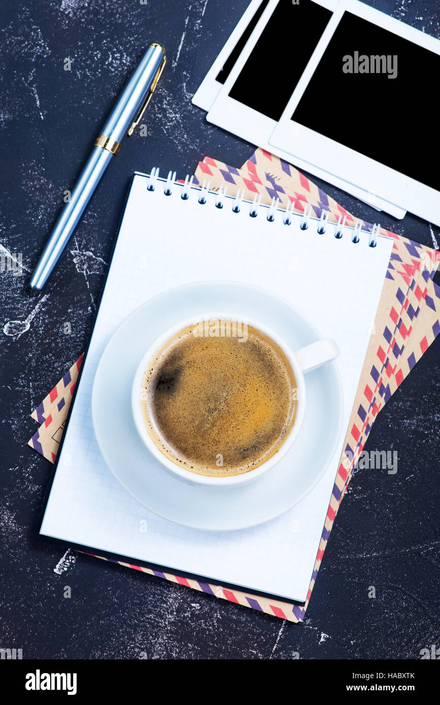 coffee in cup and sheets for note Stock Photo - Alamy